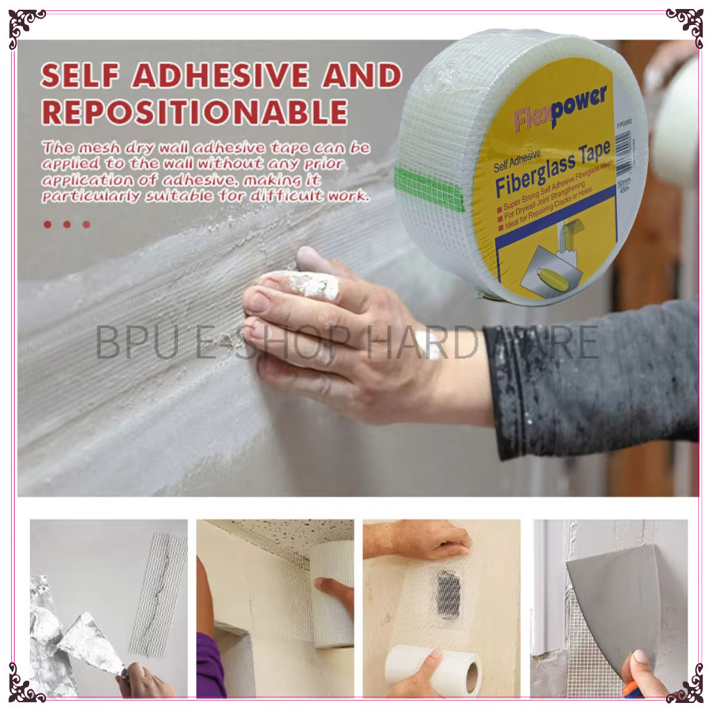 Flexpower 2"x 45meter Fiberglass Mesh Tape Self Adhesive Tape Partition ...