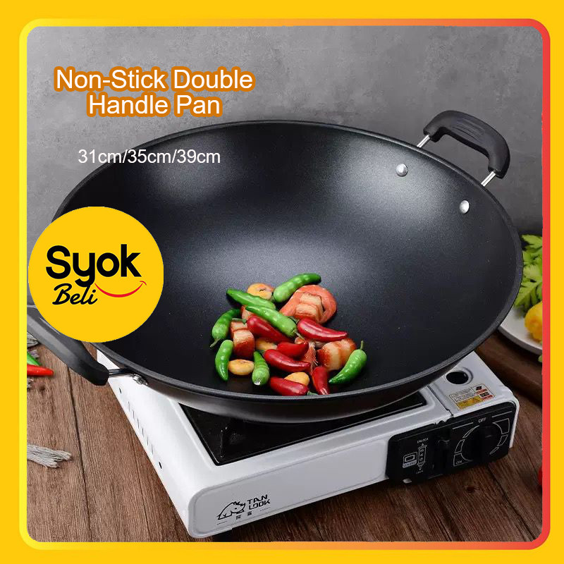 [SYOK]Double Handle Non Stick Honeycomb Wok Frying Wok Kuali Bertangkai ...
