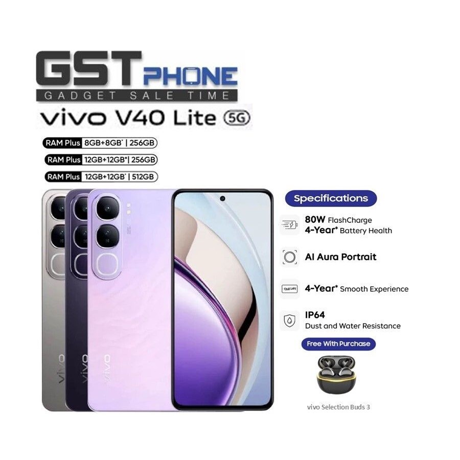 vivo V40 Lite 5G (8GB+8GB Ram+256GB Rom) (12GB+12GB Ram+256GB/512GB Rom) (Original Malaysia Set ...