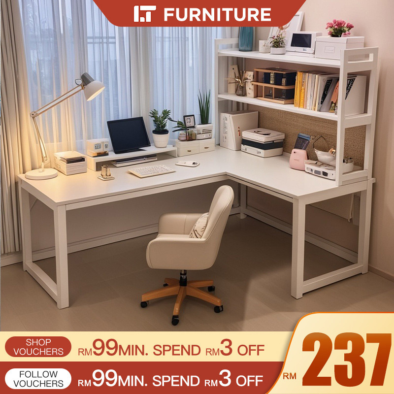 Meja Belajar Study Table 160CM L Shape Table Home Office Table White ...