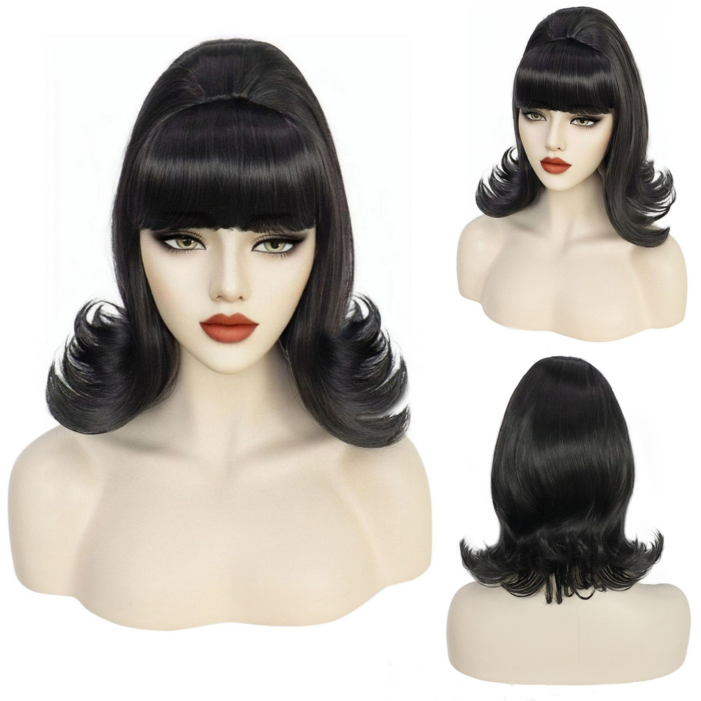 Synthetic Hair Short 70s Pinup Pelucas 60s Black Retro Beehive Flip Wigs for Women Cosplay Party ...