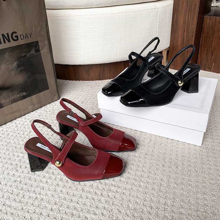 Trimmed Leather Sandals Slip-On Toe-Covered Pearl Thick Heel Toe ...