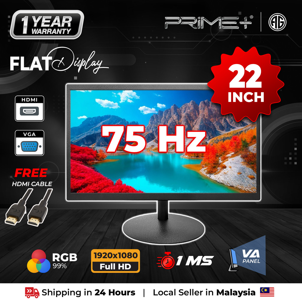 PC Monitor 22 Inch 75Hz Refresh Rate FHD Flat VA Panel LED Computer ...