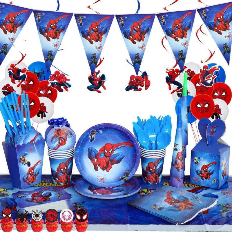 Spider Man themed birthday paper tray/paper cup/tissue/knife/fork/spoon ...