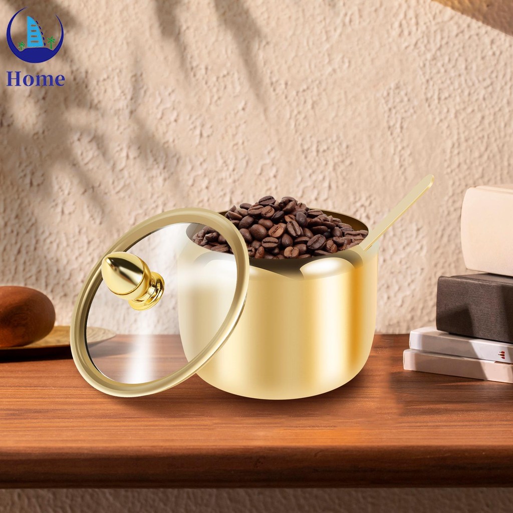 304 Stainless Steel Sugar Container with Clear Glass Lid and Spoon Gold ...