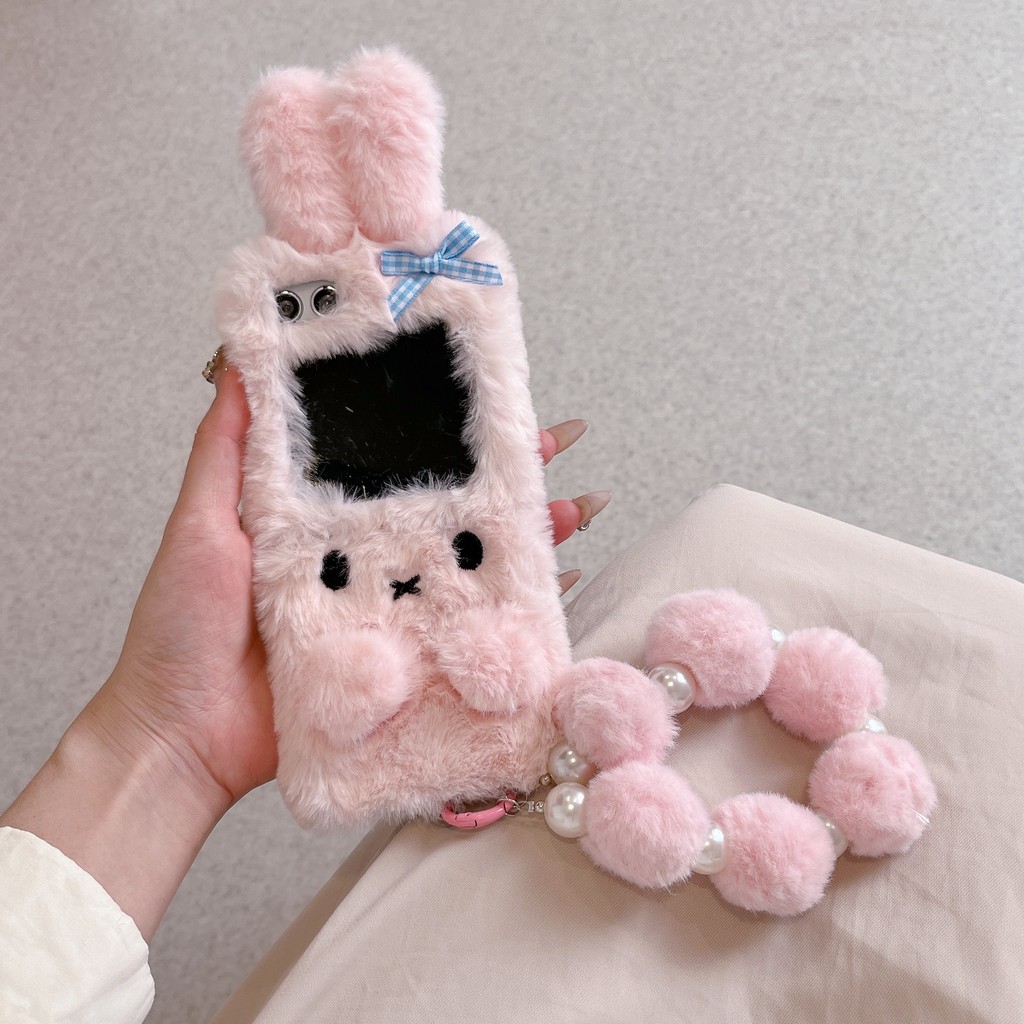 LUKEN Cute Bow Bunny Folding Plush Phone Case Kawaii Phone Accessories ...