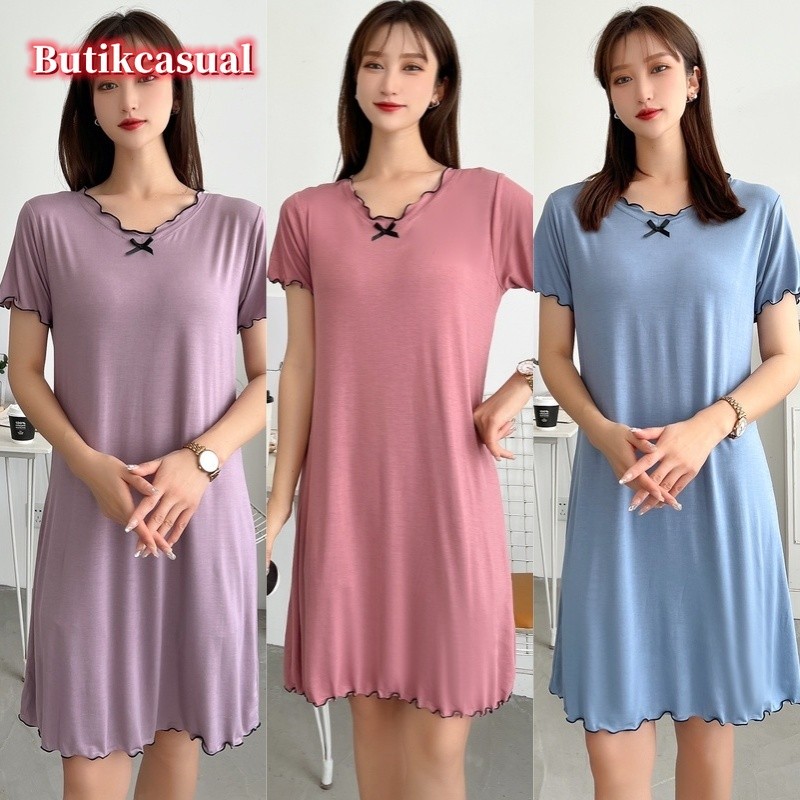 Women Modal Cotton Dresses Plain Dress Loose Lounge wear Short Sleeves ...
