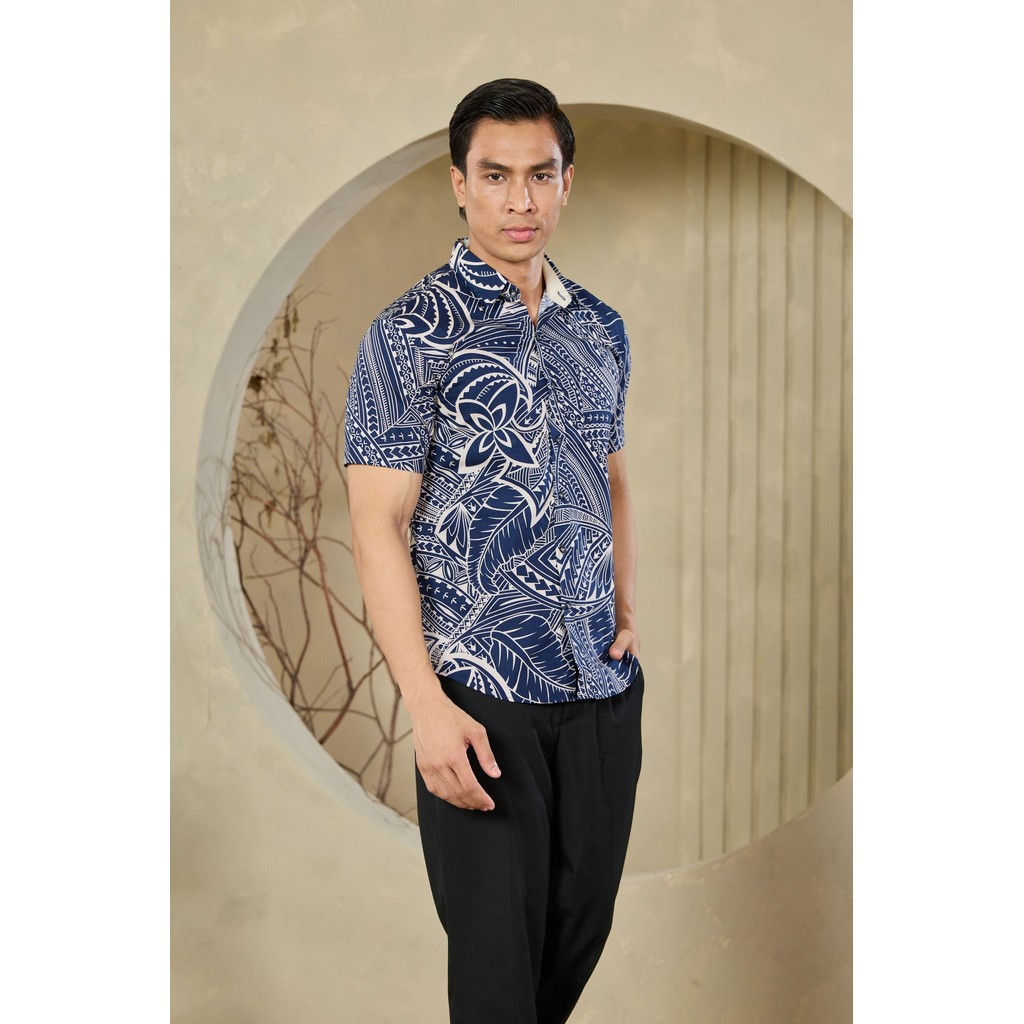 I Am Famous Slim Fit Shirt - Abstract Leaf Navy | Shopee Malaysia