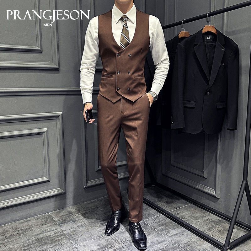 2024 Autumn Style Double-Breasted Overalls Vest Suit Men Gentlemen ...