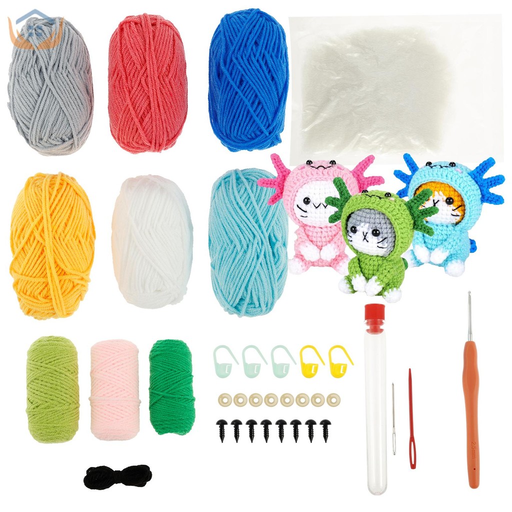 3Pcs Beginners Crochet Kit Complete Axolotl Cat Crochet Set with Step ...