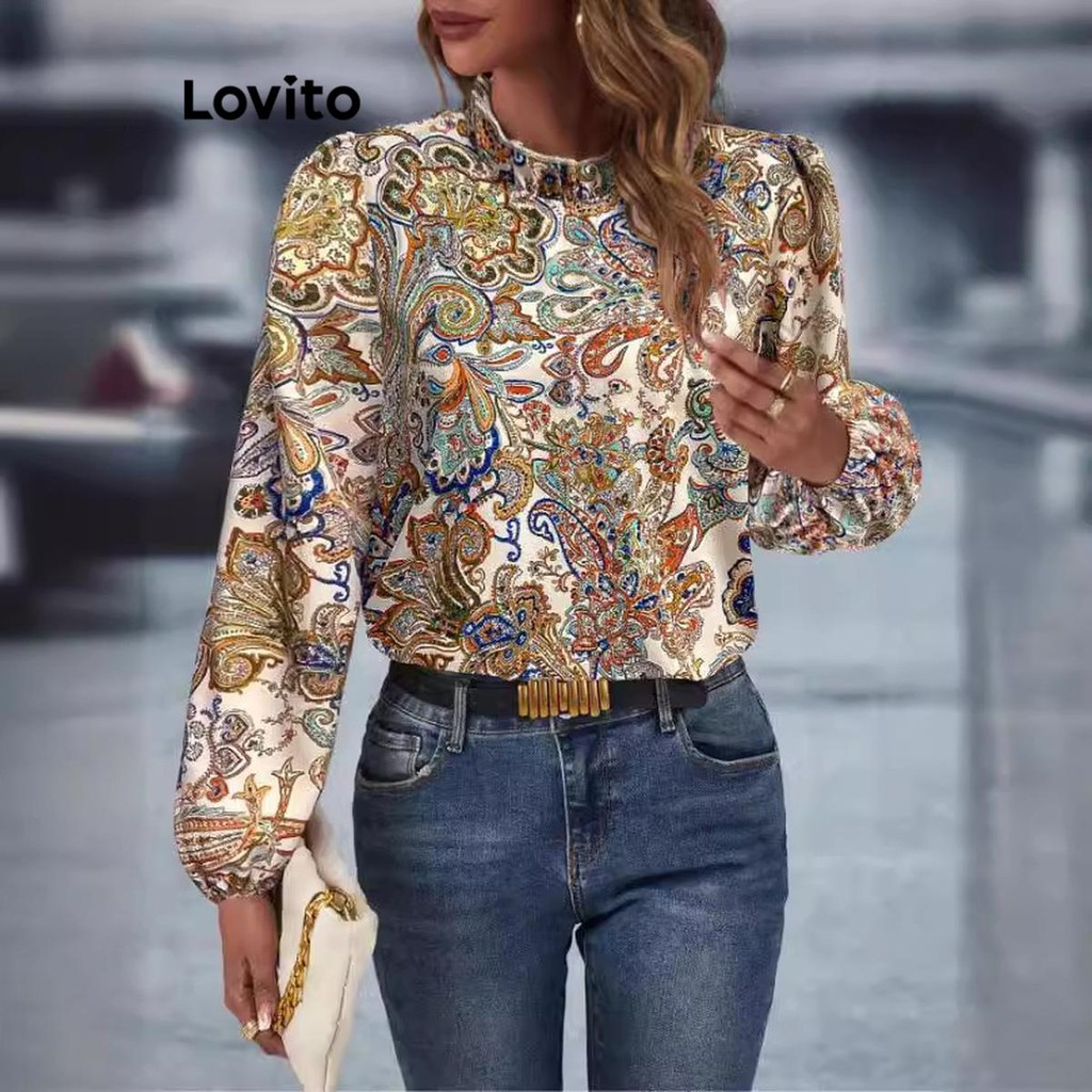 Lovito Boho Paisley Lettuce Trim Blouse for Women LNL71074 Lovito Blus ...