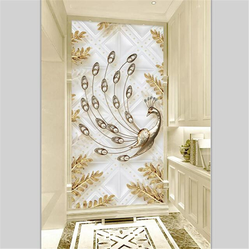Custom door sticker Golden Peacock Jewelry Mural Wallpapers for ...