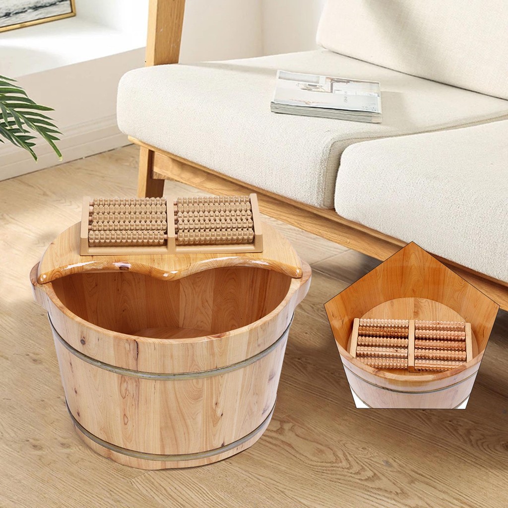 Foot Bath Barrel Wood Solid Foot Wood with Lid, Massage Roller Foot ...