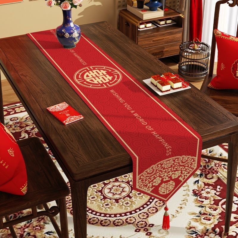 Official Wedding Red Dining Table Table Rag Long Strip Happy Character ...
