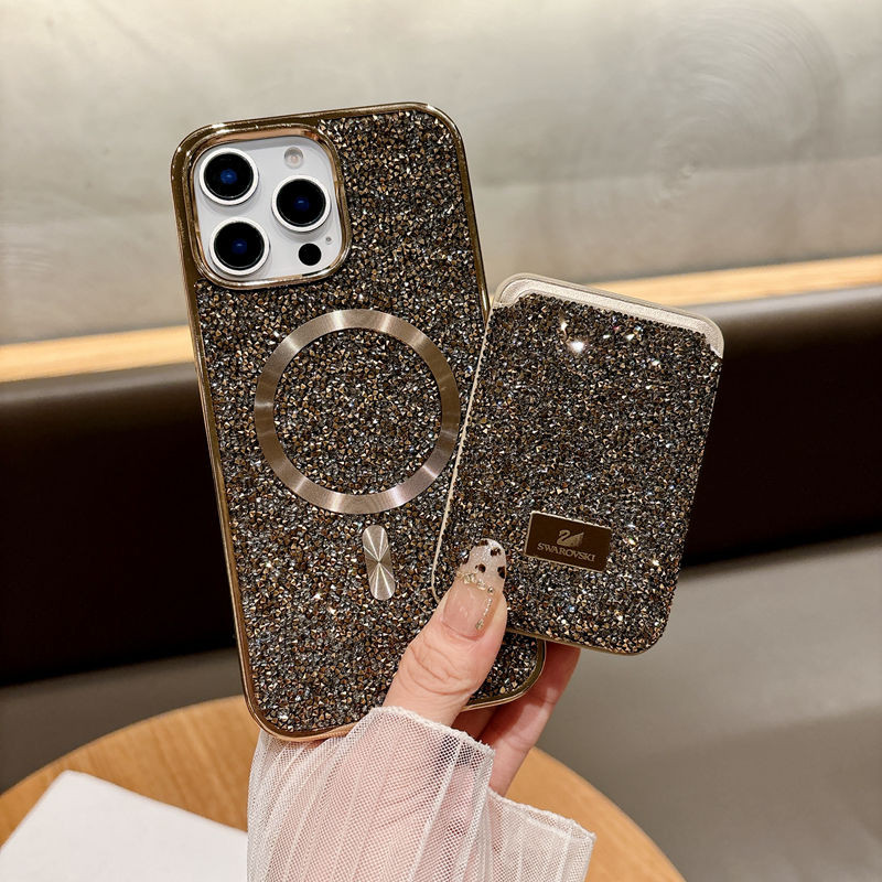 Luxury 2-in-1 magnetic suction card slot glitter rhinestone case for ...