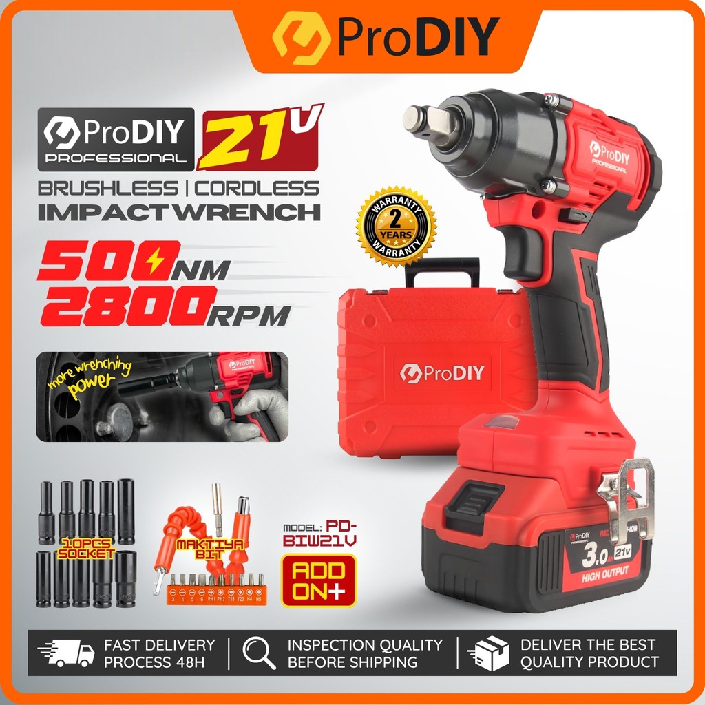 PRODIY RED SERIES Brushless Motor Cordless Impact Wrench 500NM 1/2 inch ...