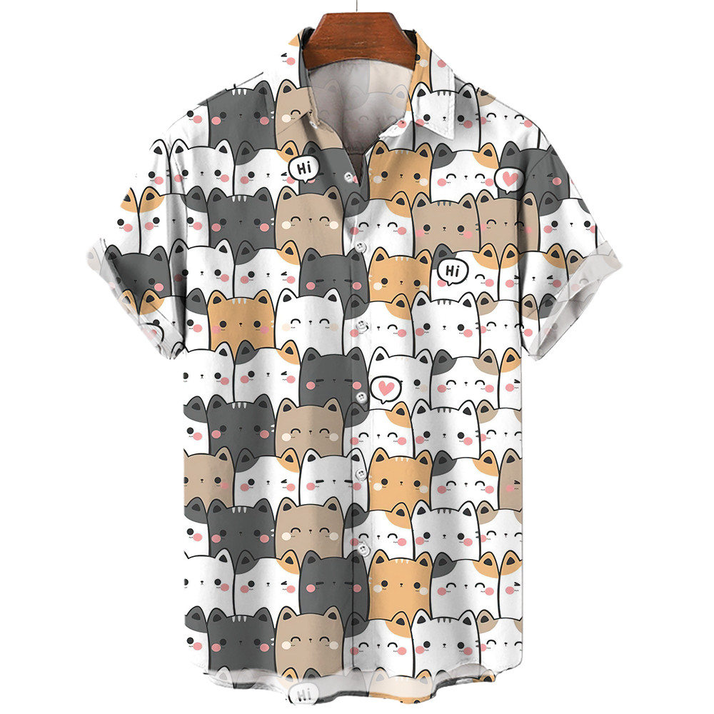Cat Pattern Oversized Men's Hawaiian Dazn Shirts Floral Masculina ...