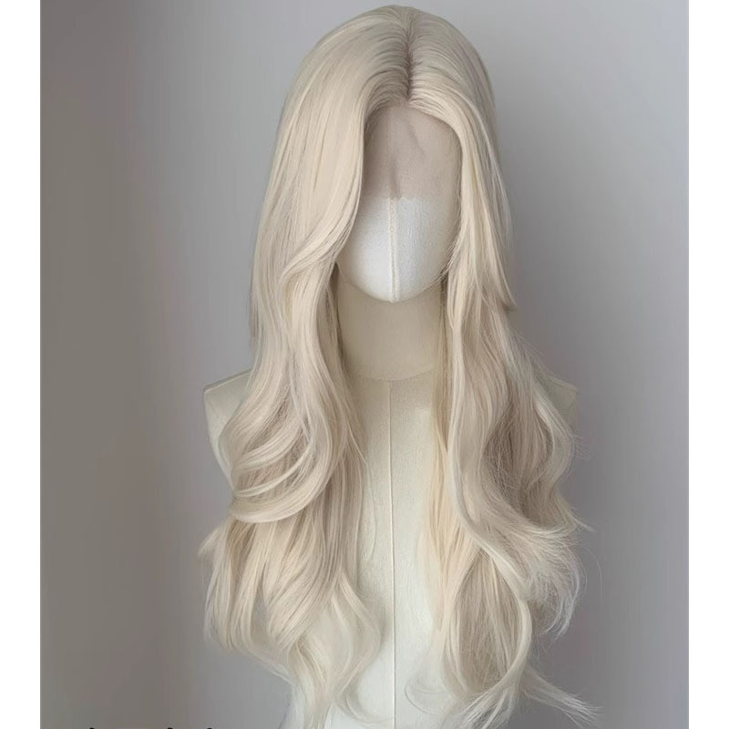 Platinum Wig Female Full Headgear Forehead Lace Big Wave Curly Hair ...