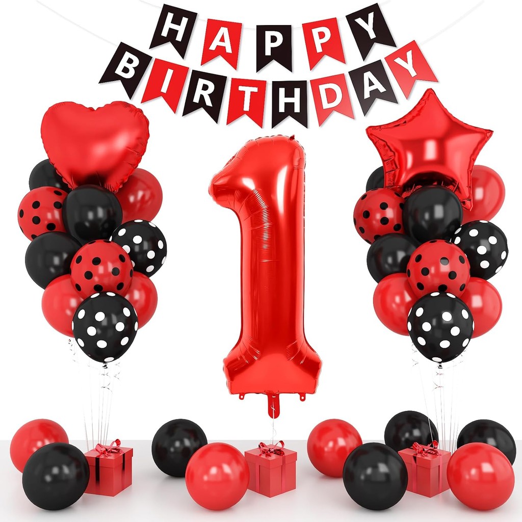 Black Red 1st Birthday Decorations for Kids Black Red Polka Dots 1st ...