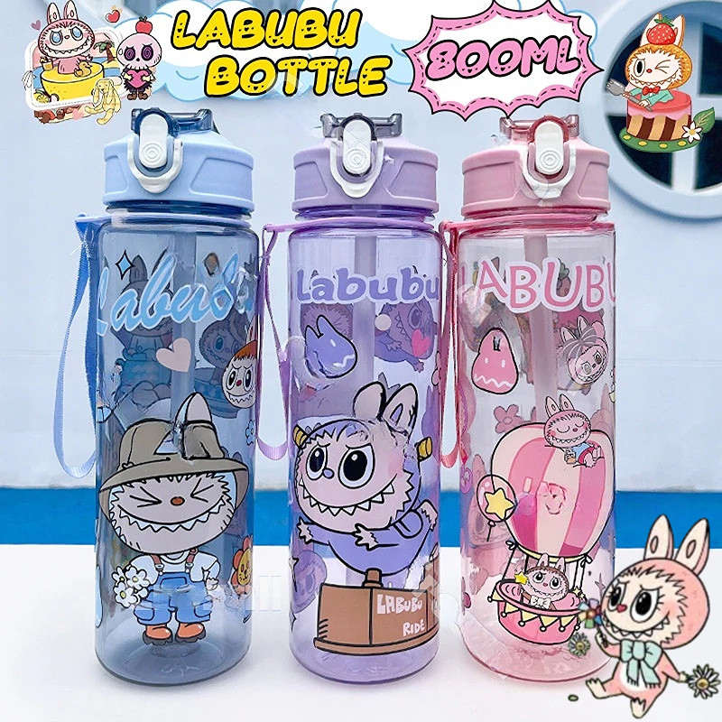 800ml Botol Air Labubu Water Bottle Kids Straw Bpa Free Botol Transparent Kawaii Travel School ...