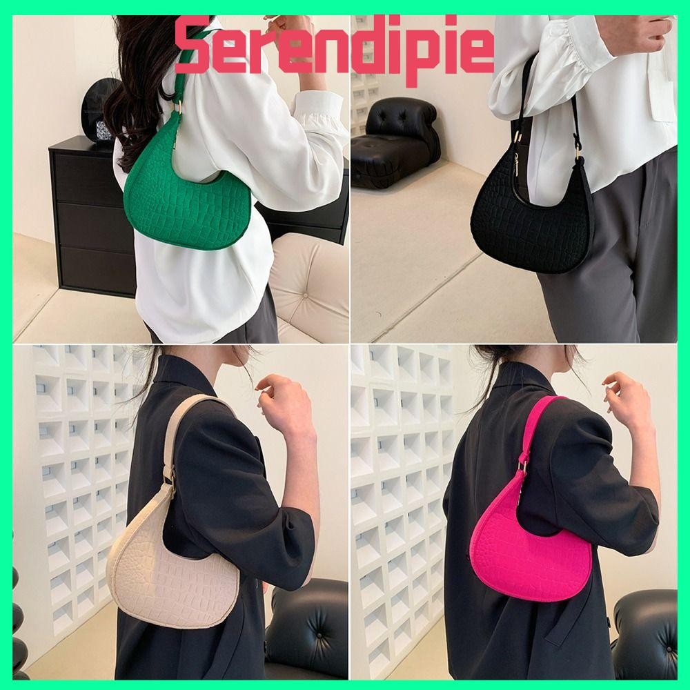 SERENDIPIE Shoulder Bag, Felt Moon Shape Underarm Bags, Simple Crocodile Grain Purses Women ...
