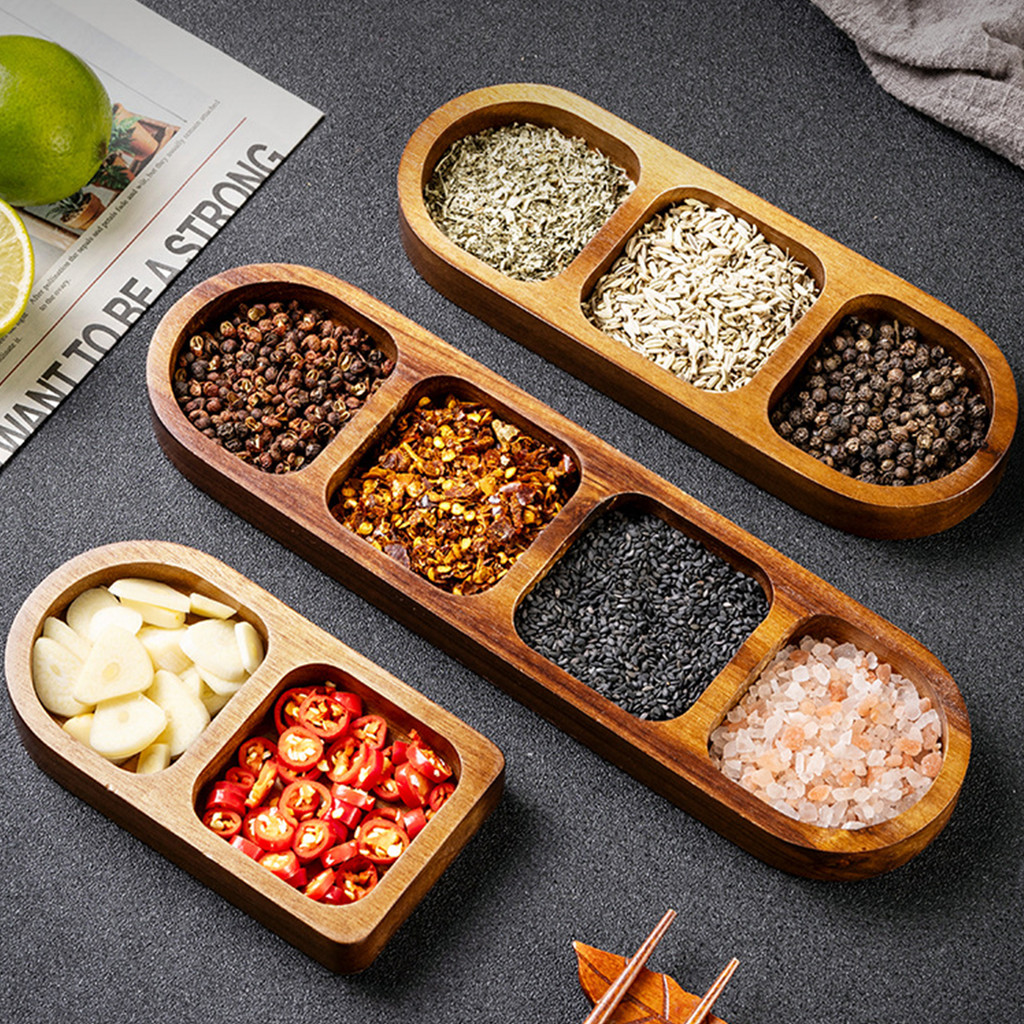 [SF] Wooden Divided Serving Tray Condiment Dish Multi Compartment Sauce ...
