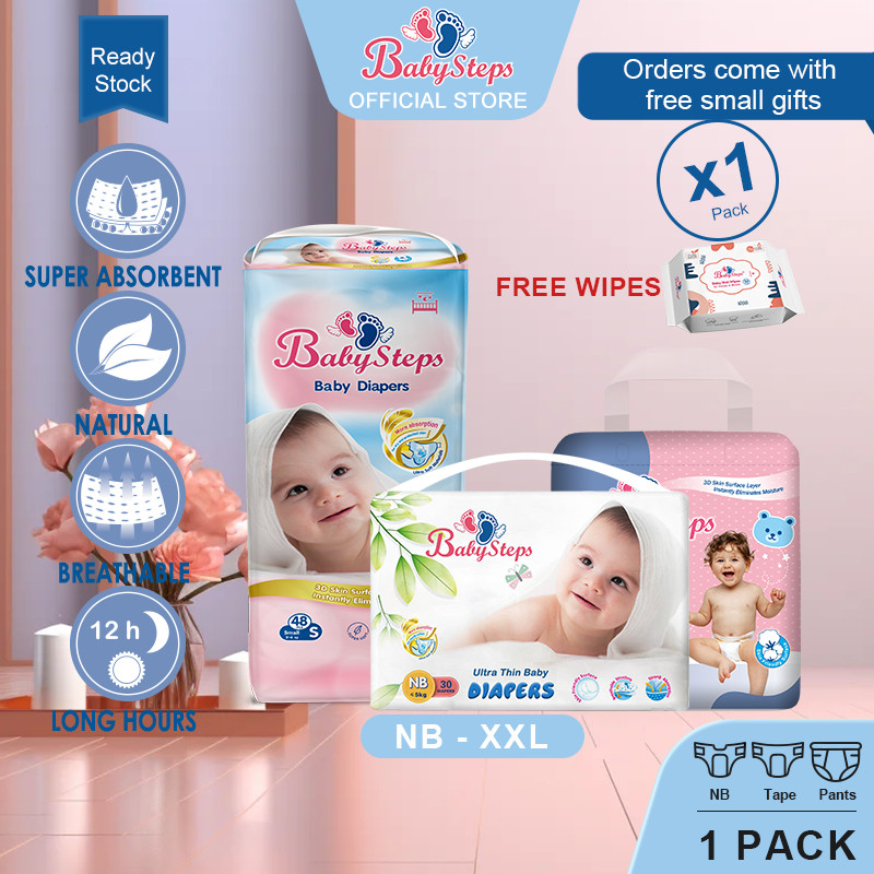 BABY STEPS Diapers 1 Pack Keperluan Baby Soft Breathable Baby Diapers ...