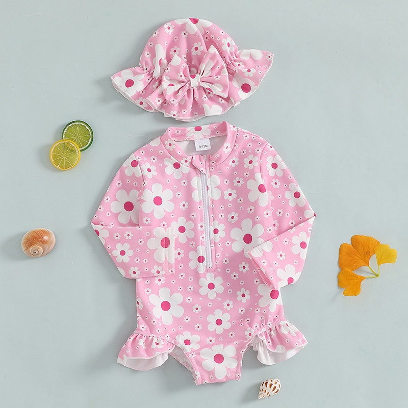BbQ-Toddler Girls Rash Guard Swimsuit Rompers Long Sleeve Floral Print Baby Ruffles Bathing Suit ...