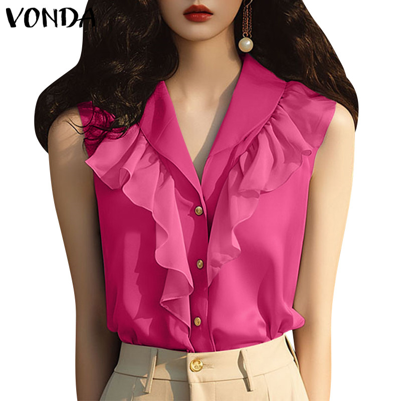 VONDA Women Korean Casual Ruffled V-Neck Sleeveless Solid Color Tanks ...