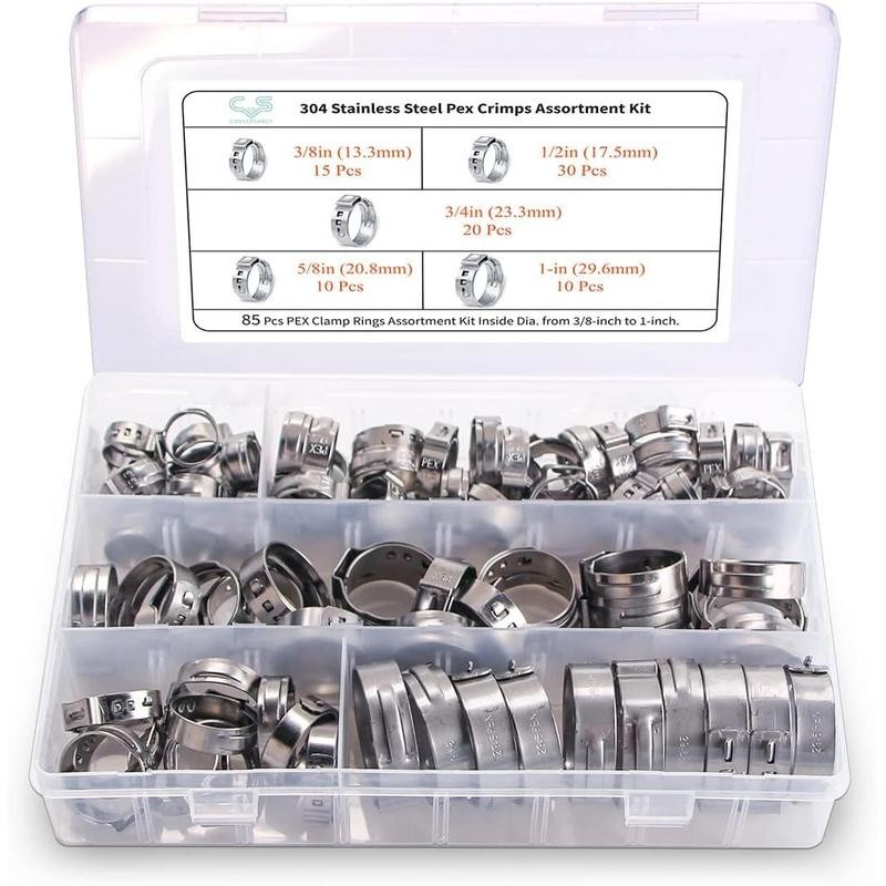 PEX Clamp Assortment Kit, 85 count Stainless Steel PEX Fittings Crimp ...