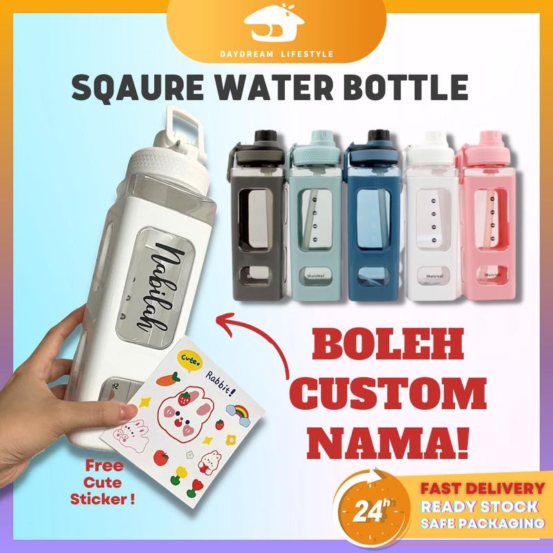 Square Bottle - Water Bottle Customize Name with Straw 900ml 700ml ...