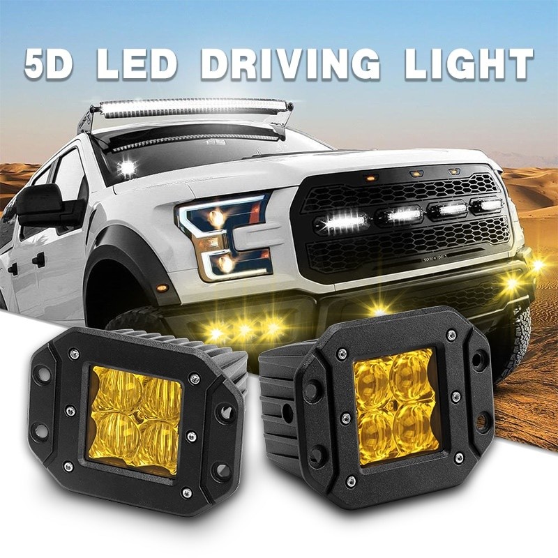 5D Lens Flush Mount LED Driving Light Square Amber Fog Lamp Flood Spot ...