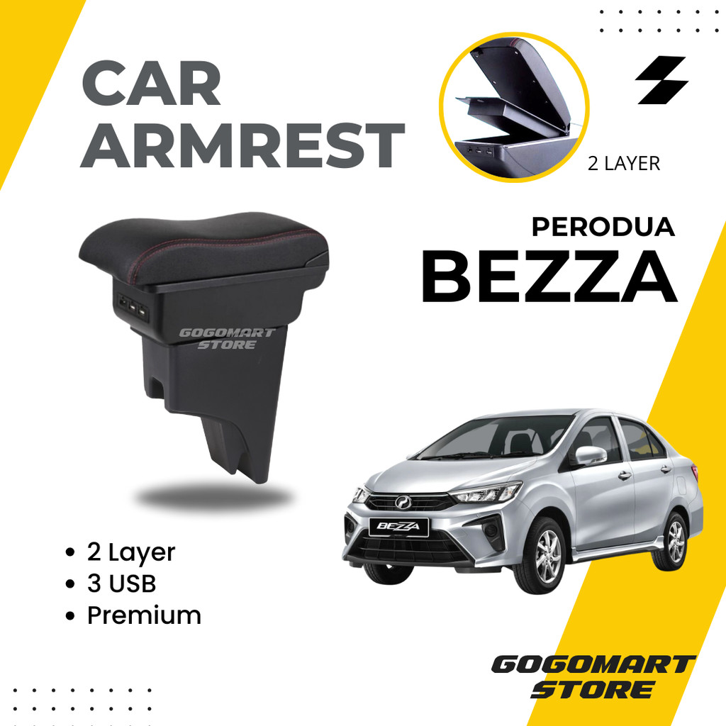 PERODUA BEZZA CAR ARMREST 2 LAYER USB Arm Rest Console Organizer Box ...