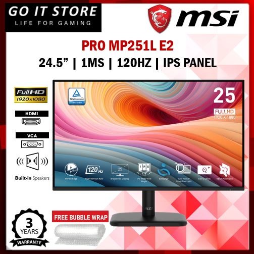 MSI PRO MP251L E2 ( 24.5", 1MS, 120HZ, FHD, IPS) MONITOR | Shopee Malaysia