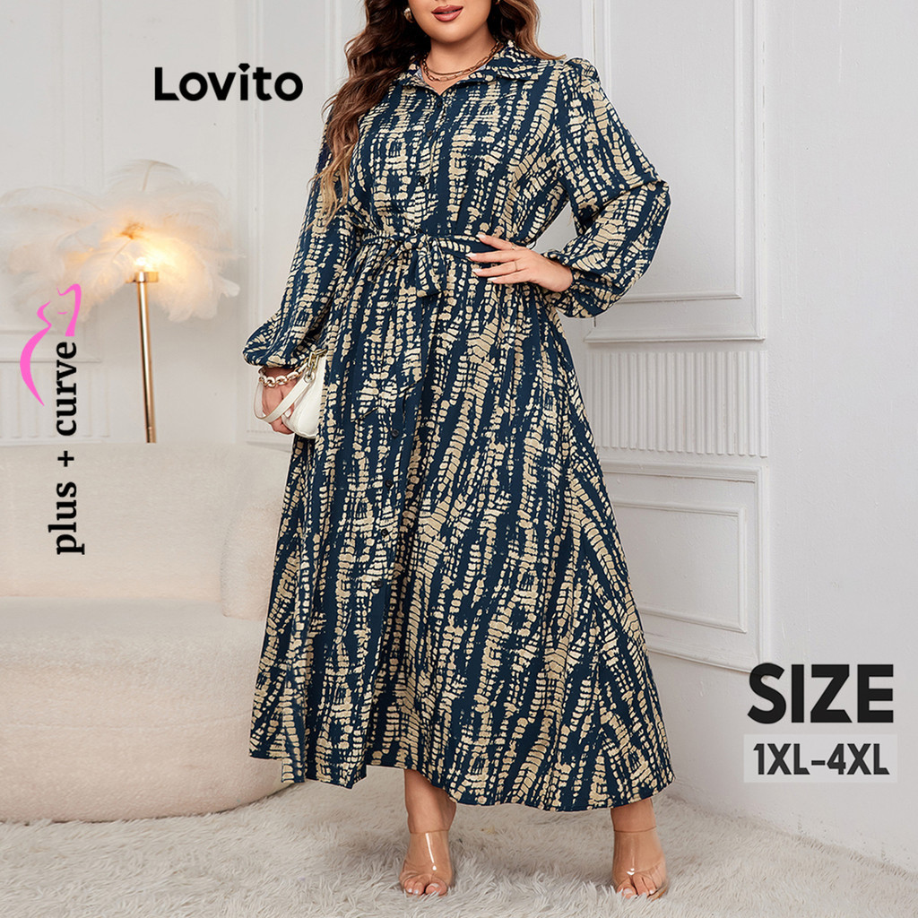 Lovito Plus Size Curve Casual Tie Dye Button Colorblock Dress for Women ...