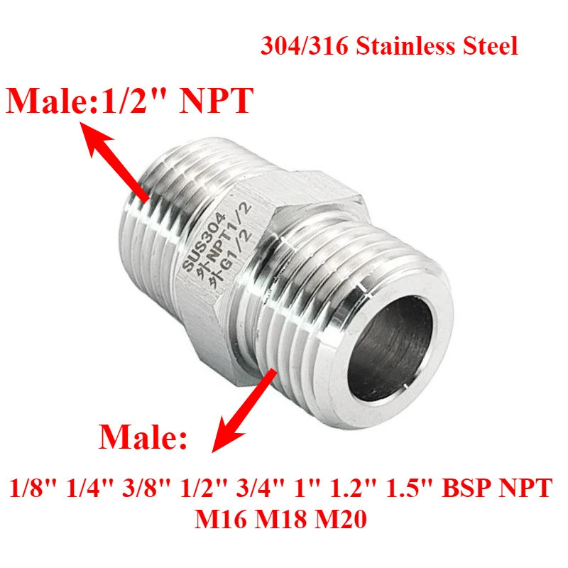 1/2" NPT Male to Male Hex Nipple – 304 Stainless Steel, Fits M16–M20, 1 ...