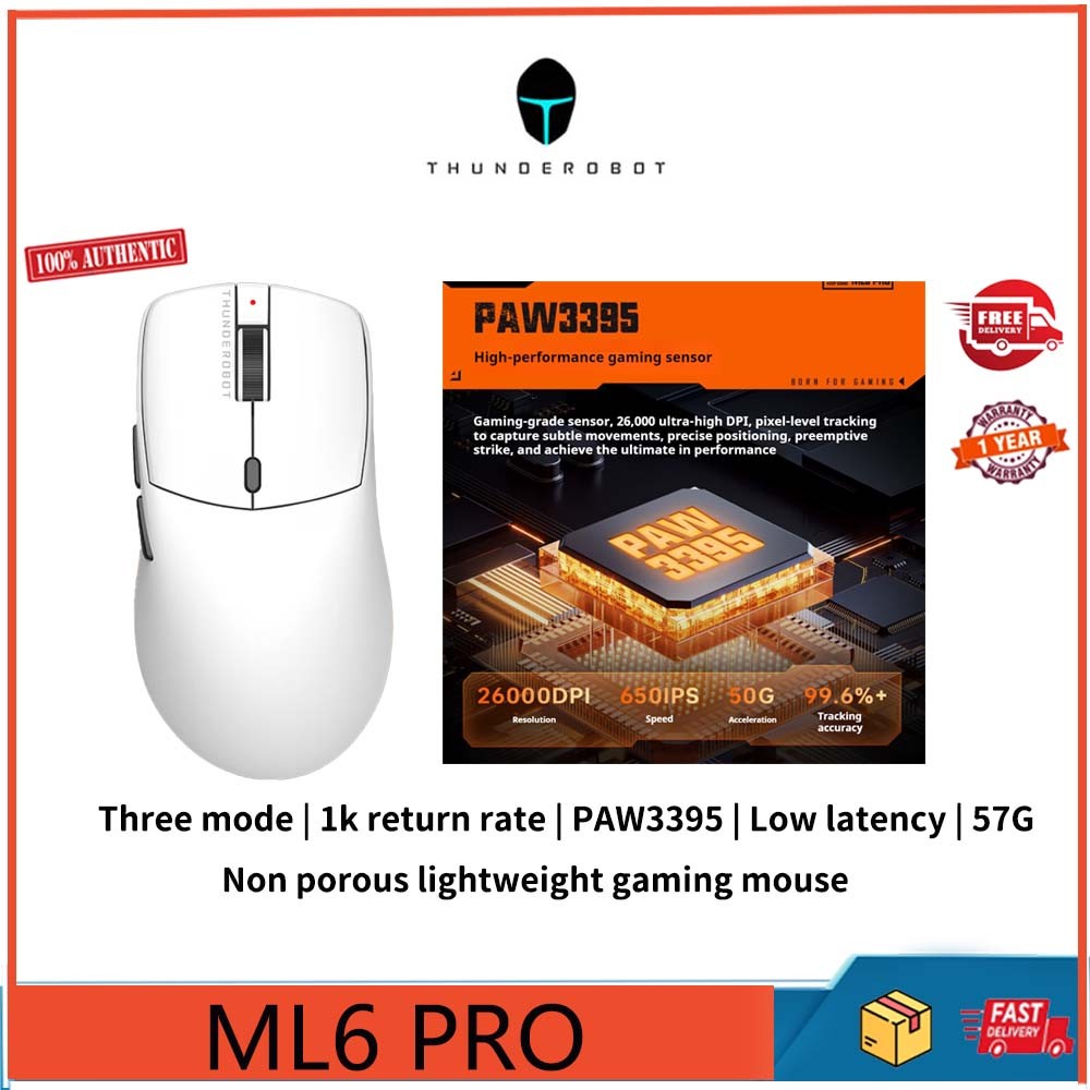 ThunderRobot ML6 PRO three mode game wireless mouse, PAW3395, 57g right hand ergonomic ...