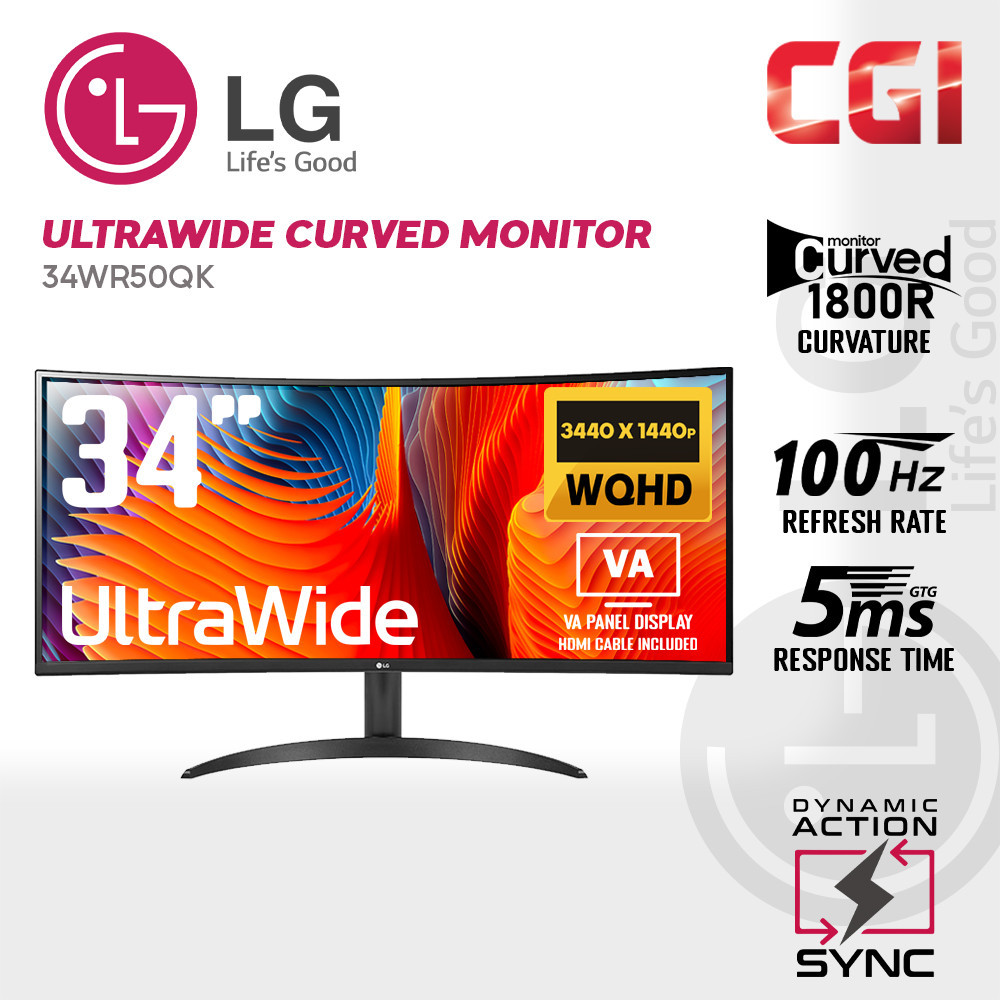 LG 34" 34WR50QK VA QHD HDR10 100Hz 5ms 21:9 Curved UltraWide™ Monitor ...
