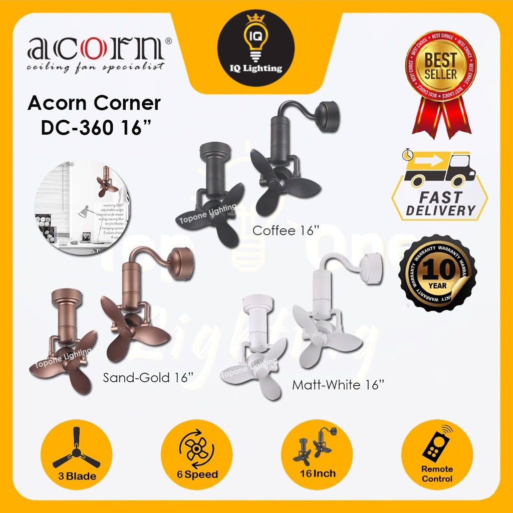 Acorn Corner DC-360 16" Eco Ceiling Fan DC Motor 3 Blades with 6 Speeds ...