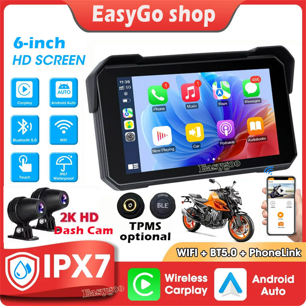 6 inch 2K HD Motorcycle DVR Navigation GPS Wireless CarPlay Android ...