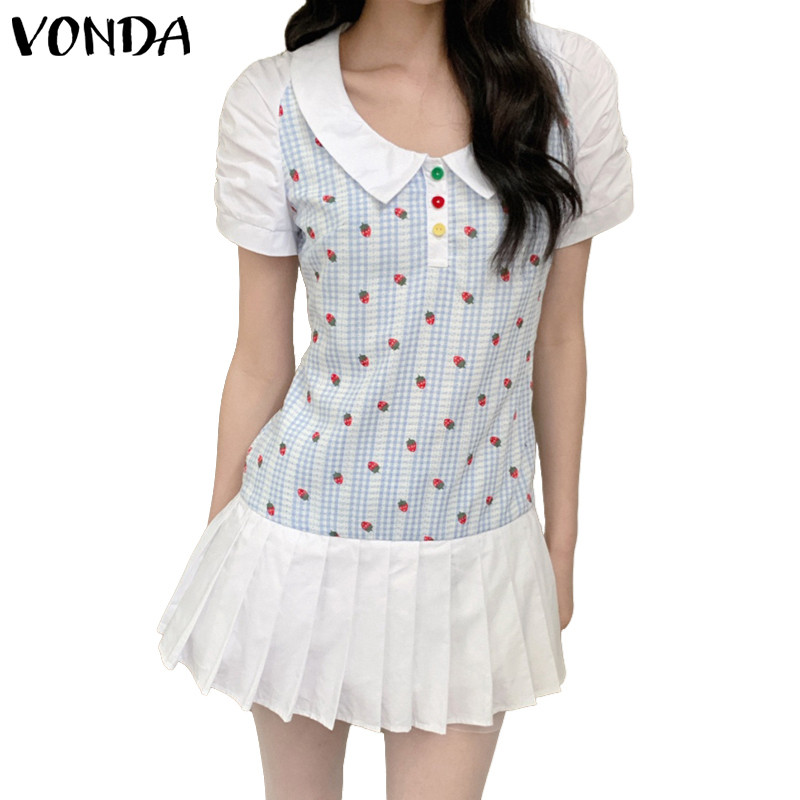 VONDA Women Korean College Style Lapel Short Sleeve Strawberry Print ...