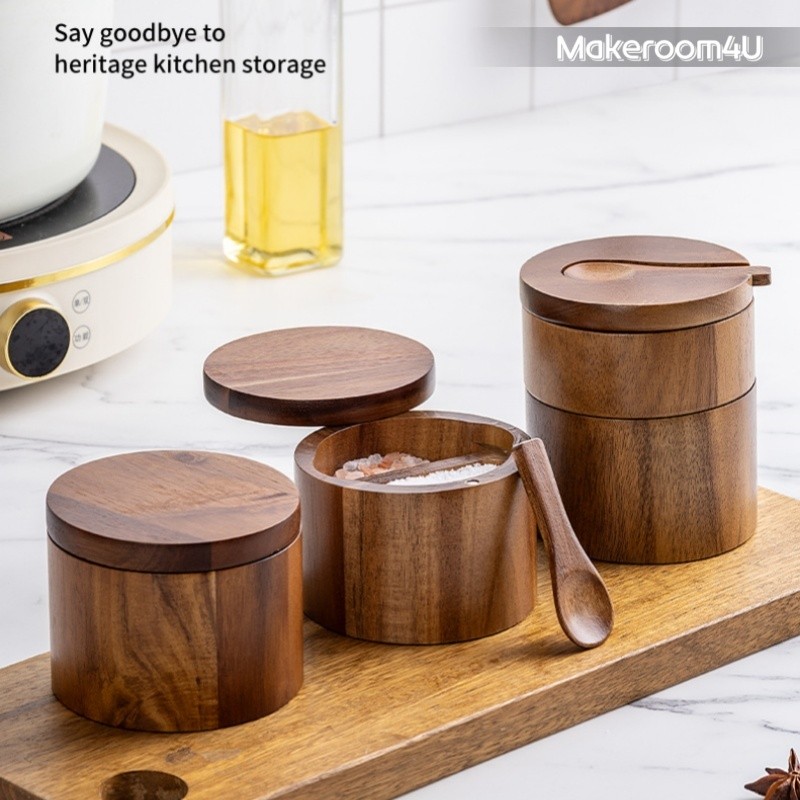 Acacia wood salt jar Solid wood jar Salt Sugar Pepper powder and ...