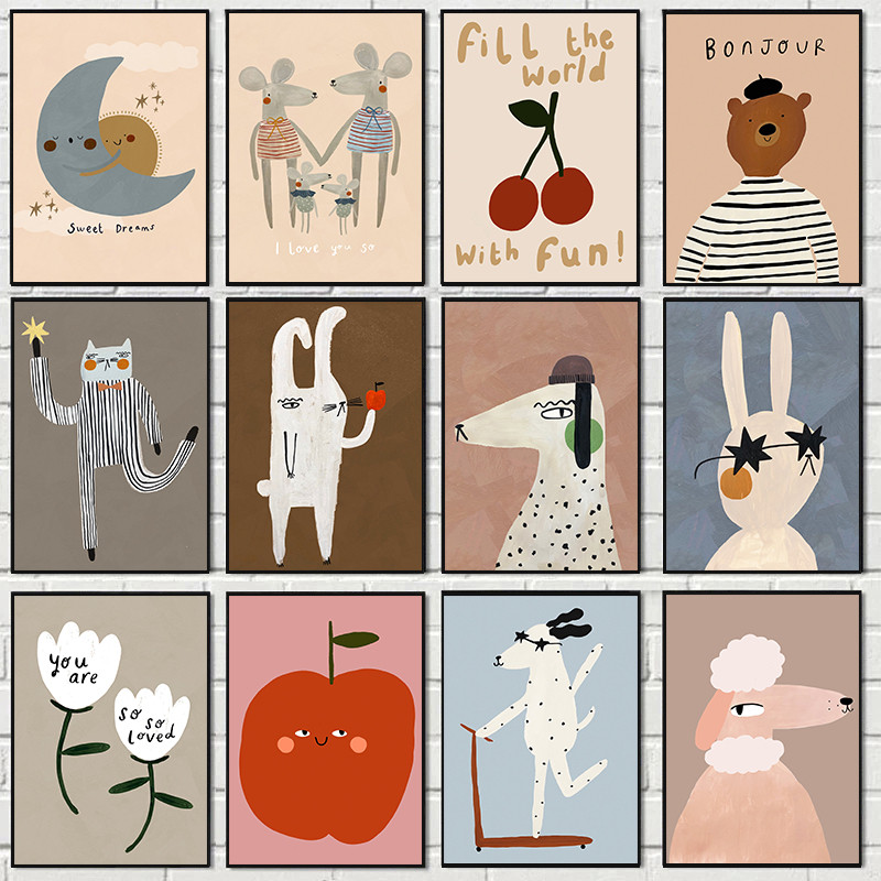 (With Frame)Dog Goose Rabbit Bear Mouse Wildflower Cartoon Poster Wall ...