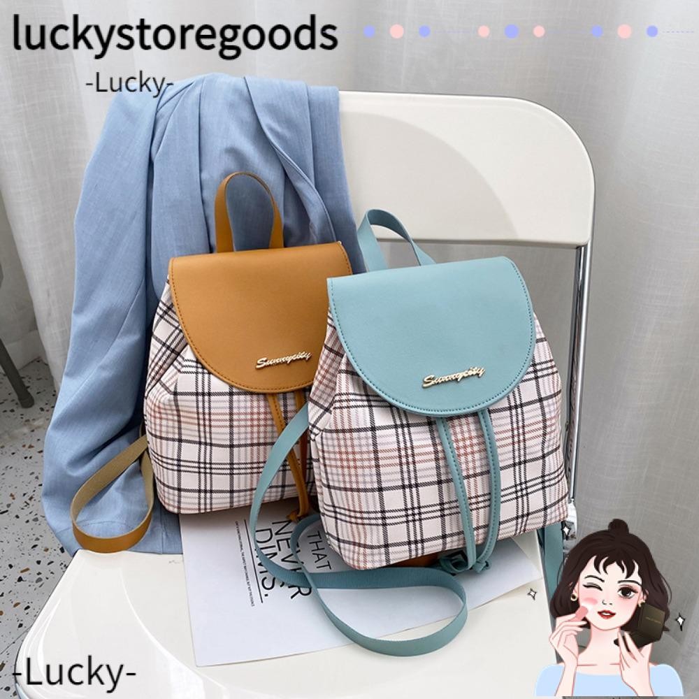 LUCKY School Bag, Mini PU Women Backpack, Portable Plaid Drawstring ...