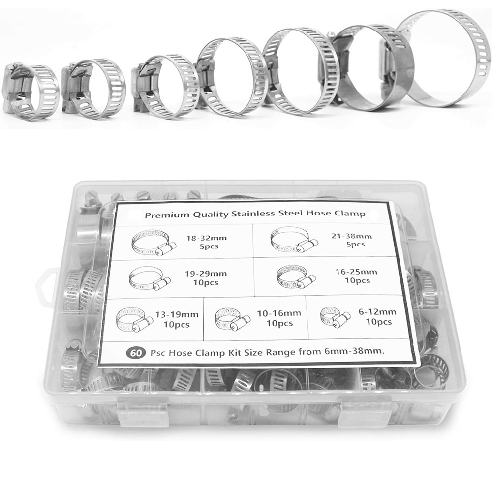 Hose Clamp, 60 Pieces Stainless Steel Adjustable 6-38mm Range Worm Gear ...