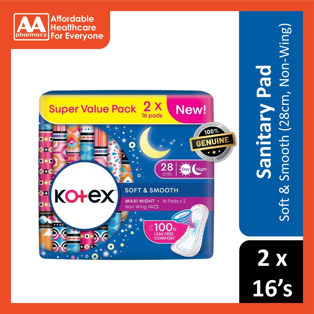 Kotex Pads (Soft and Smooth, Maxi Night Non-Wing, 28cm) 2x16's [Day ...