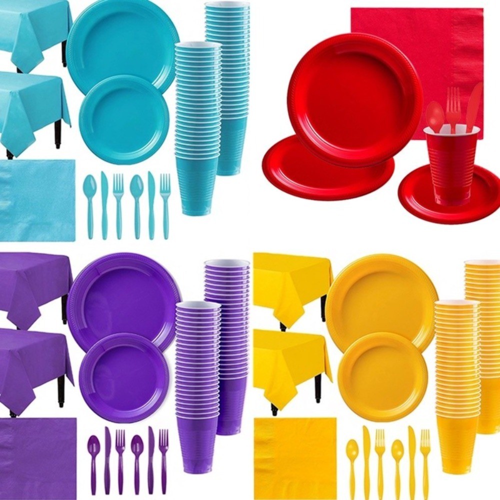 Solid Color Disposable Tableware Set Red/blue/yellow/purple Tablecloth ...