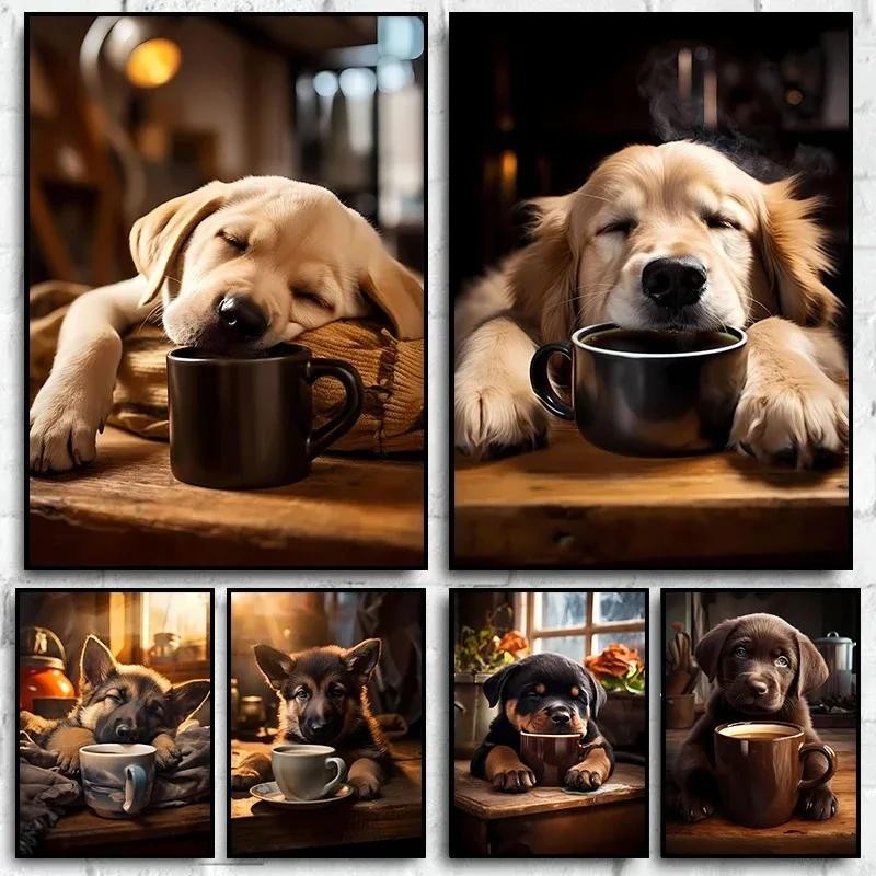 Poster Anjing dan Kopi Cozy, Lukisan Cetakan Kanvas Seni Dinding untuk ...