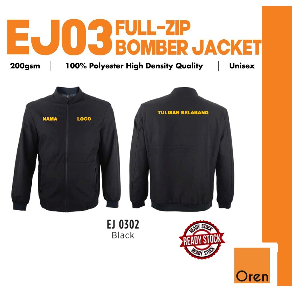 OREN SPORT Full-Zip Executive Bomber Jacket WARNA HITAM EJ03 (Sulam ...