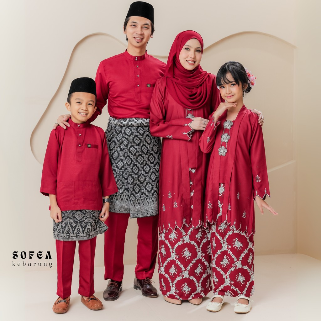 FULL SET FAMILY BAJU RAYA 2025 SEDONDON KEBARUNG SOFEA MAROON by AIZARA ...